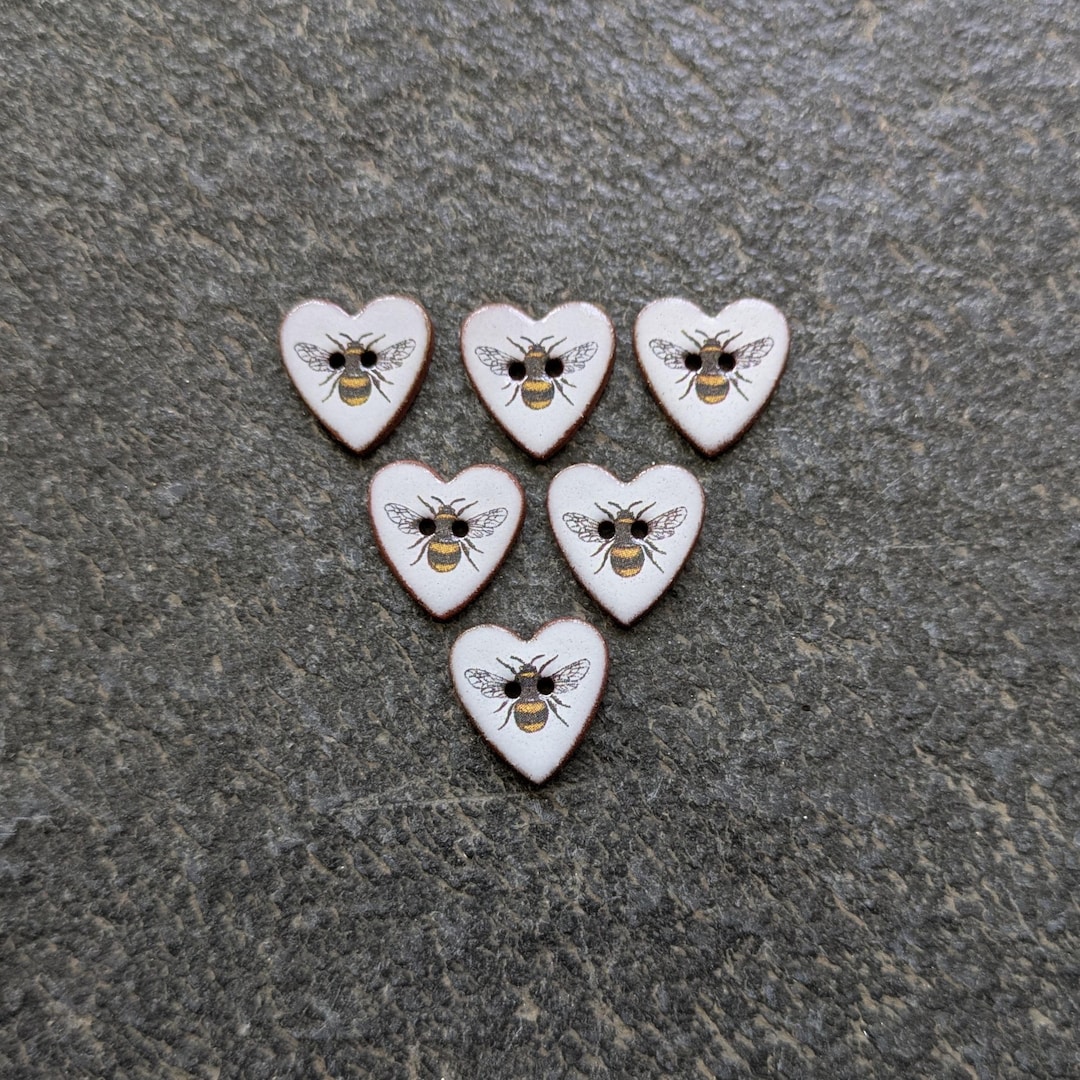 6 Bumble Bee Small Heart 17mm (5/8”) Ceramic Buttons, Handmade in UK ...
