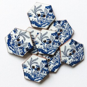 Set of 8 Handmade, Ceramic, Willow Pattern Buttons, 29mm Wide (just ...