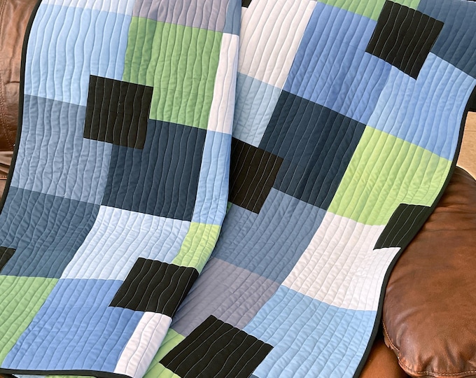 Modern Throw Quilt in Blue and Green - Etsy
