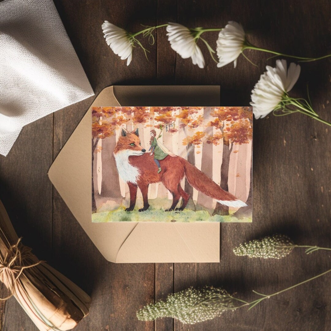 Fox and Fairy Post Card, Fantasy Illustration Card, Autumn Fall Gift ...