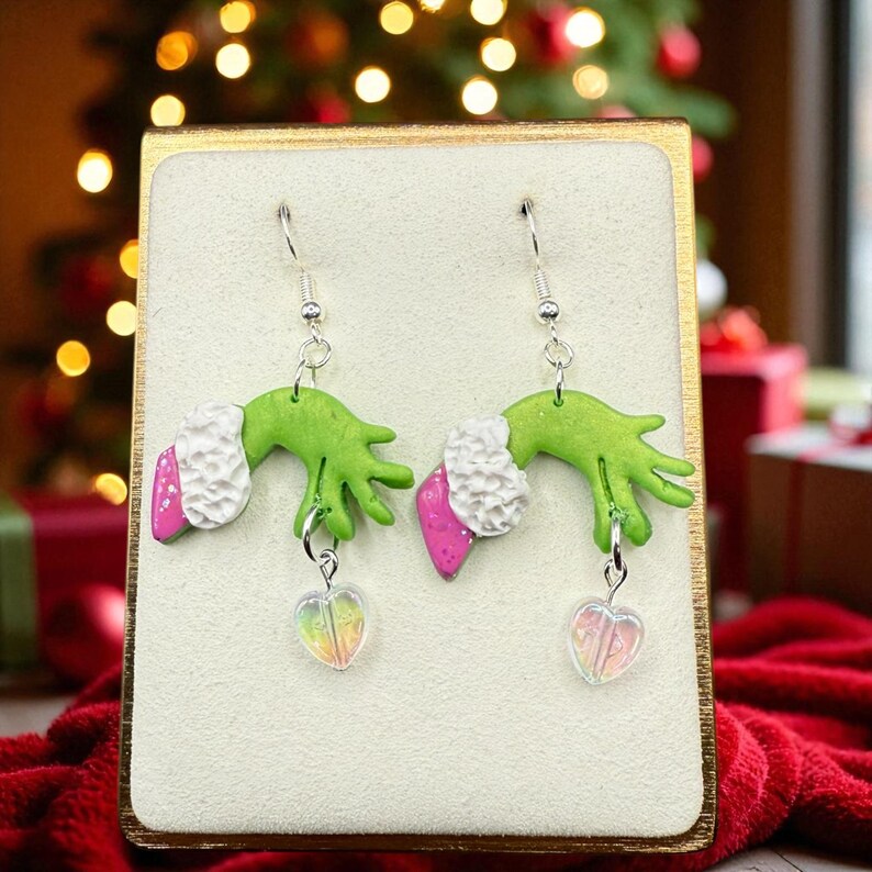 Grinch Polymer Clay Earrings: Iridescent Hearts, Stainless Steel - Etsy