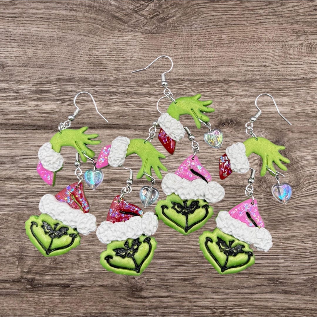 Grinch Polymer Clay Earrings: Iridescent Hearts, Stainless Steel - Etsy