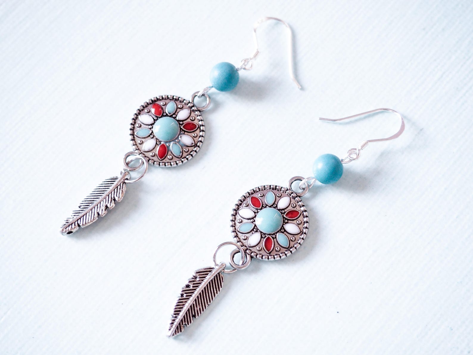 925 Sterling Silver Natural Stone and Silver Plated Feather/leaf ...