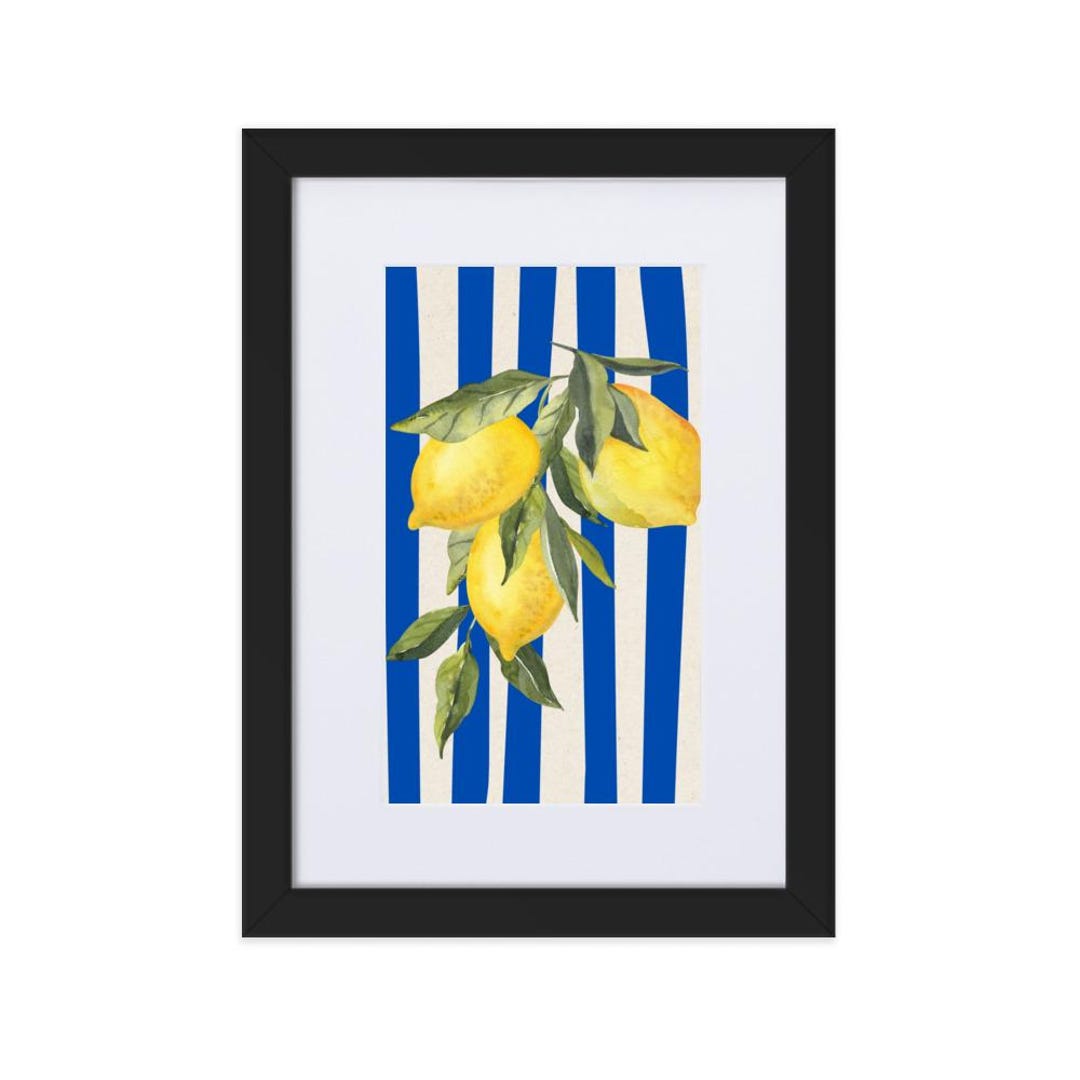 Blue and White Striped Illustration With Lemons Matte Paper Framed ...