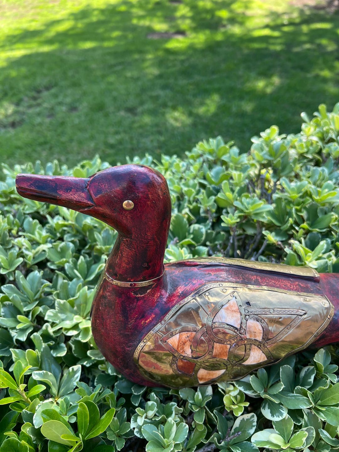 Hand Carved Wooden Duck With Inlay Brass and Bone, India - Etsy