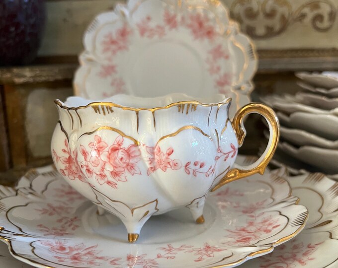 Unique, Sadek G-886 Vintage Legged, Pink Floral, Scallop, Gold Scrolls ...