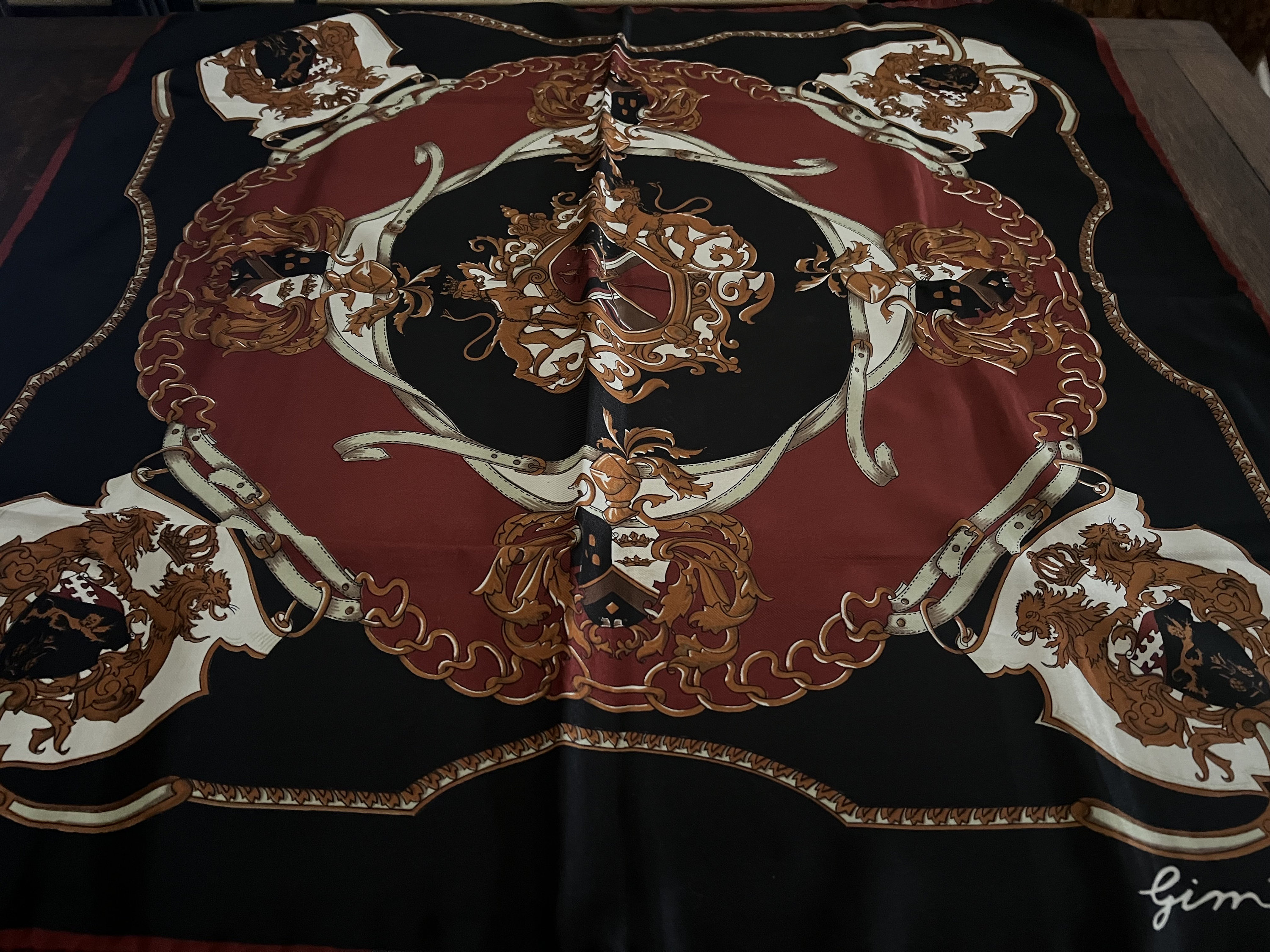 Vintage French Scarf, Gio Renoir. Lion Heart Shield. Excellent ...