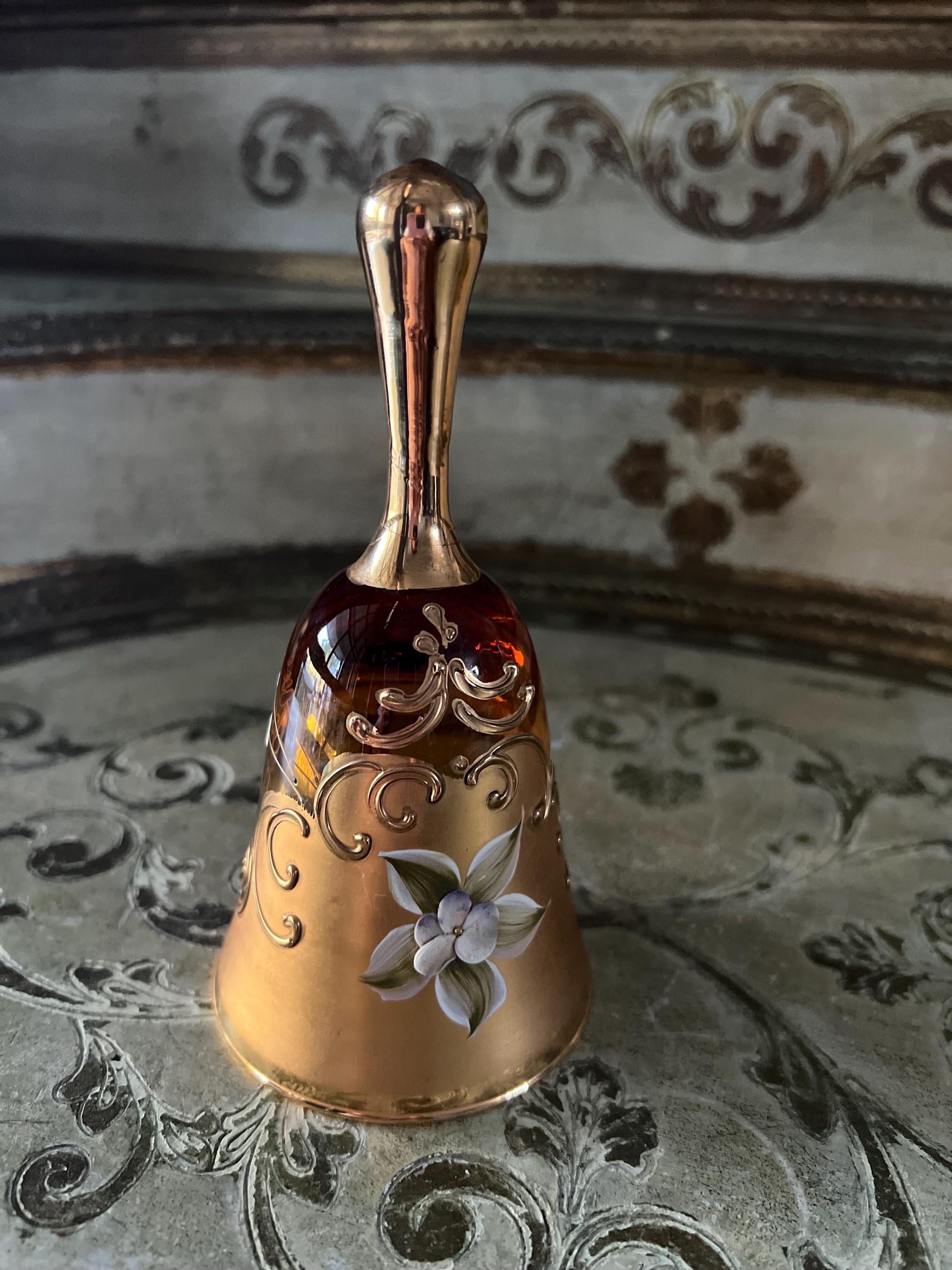 Beautiful Vintage Table Bell, Amber Murano Glass Hand Painted. 24K Gold ...