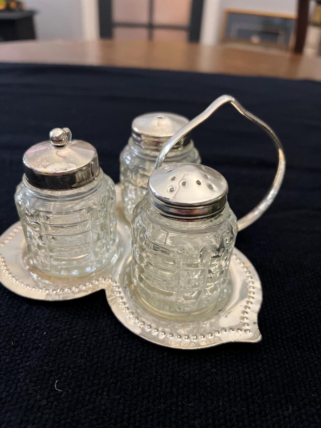 Vintage Silver-plated Holder Cruet, Condiment Set, Salt, Pepper and ...