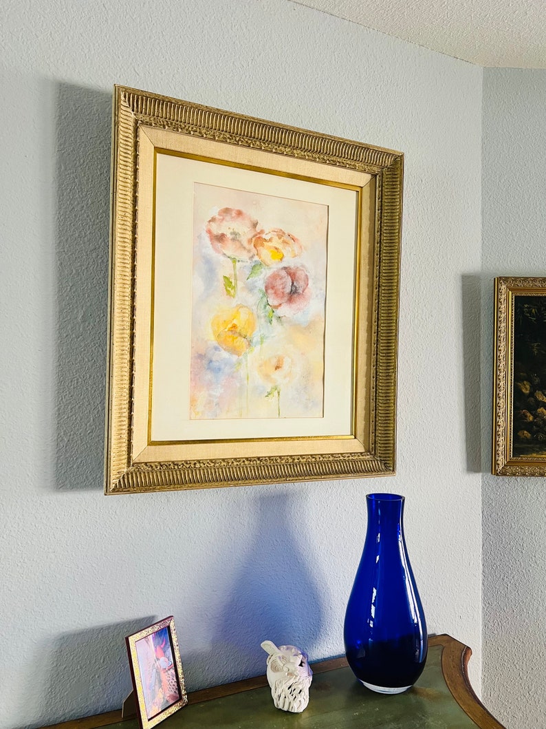 Original, Vintage Art. Watercolor and Wood Frame. Beautiful Flowers ...