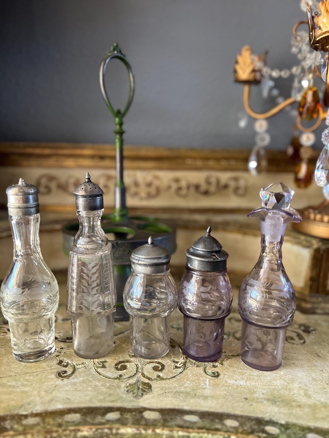 Vintage Cruet Caddy With 5 Original Etched Glass Bottles. Victorian ...