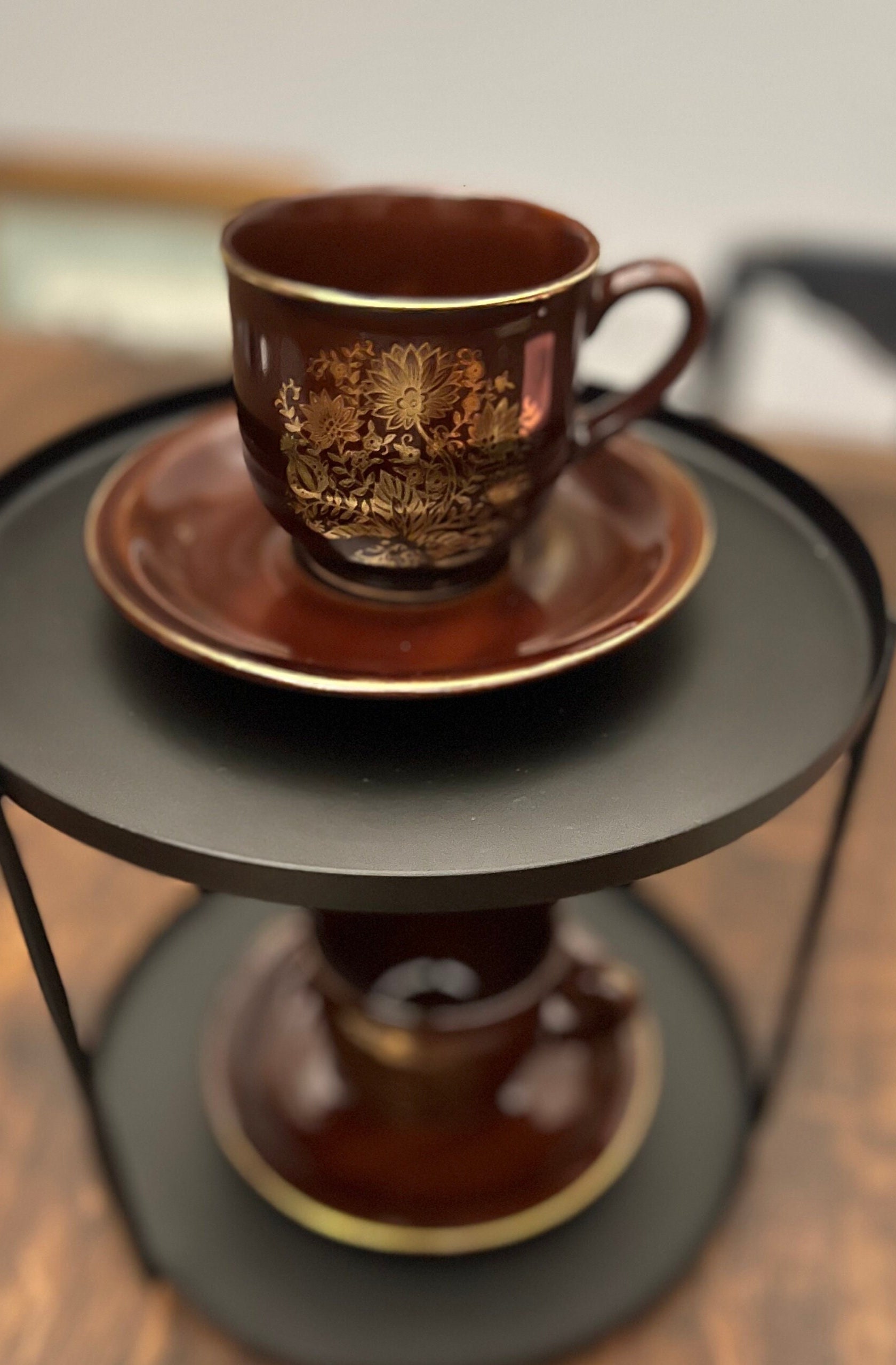 Coffee Cups With Saucers. Mide Century Japanese Art, Red Ceramic, Hand ...