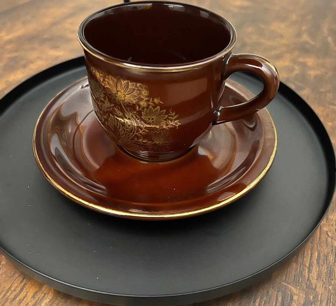 Coffee Cups With Saucers. Mide Century Japanese Art, Red Ceramic, Hand ...
