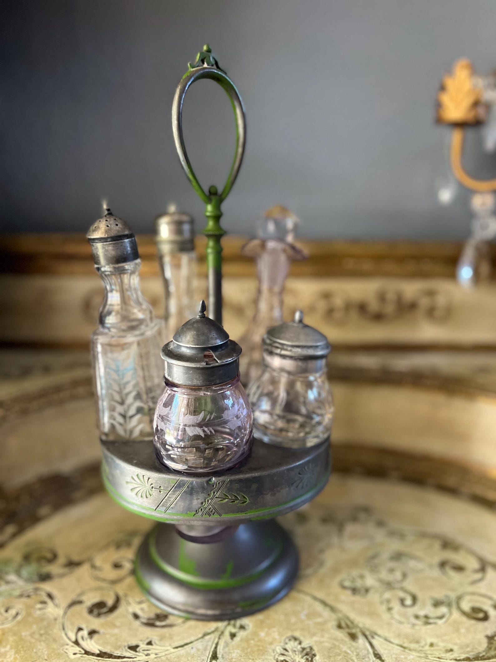 Vintage Victorian Etched Glass Cruet Caddy With 5 Bottles - Etsy