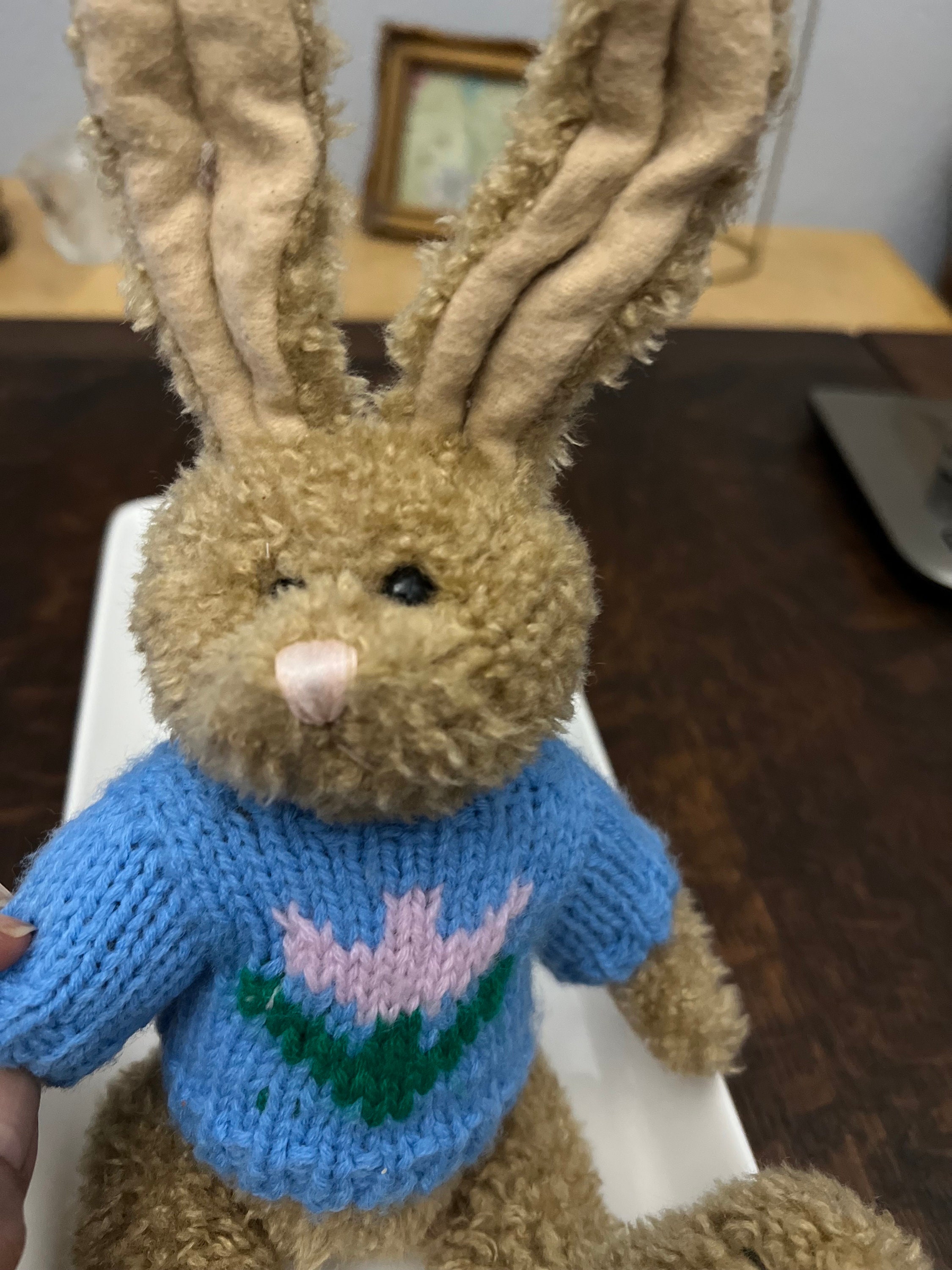 1998 Hugfun Intl. Cute Little Bunny With Blue Sweater and Flexible Ears ...