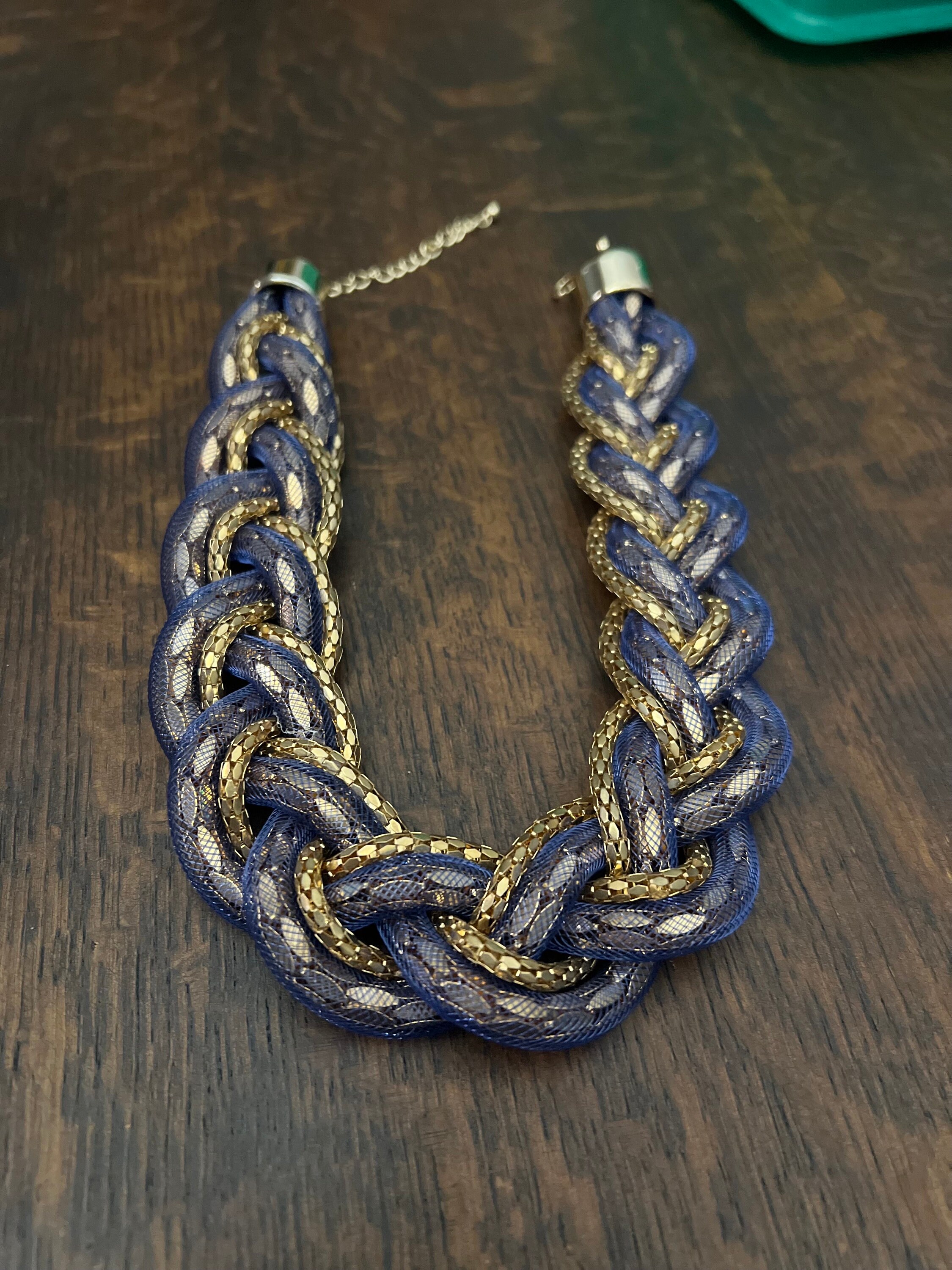 Gold and Blue Mesh and Metal Statement Necklace. Retro Fashion Necklace ...