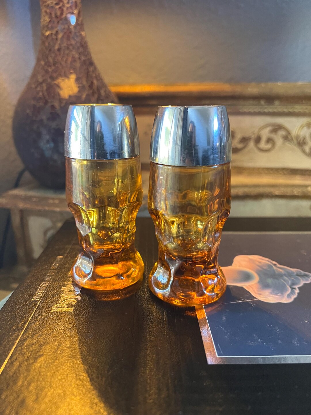 Antique Amber Georgia Glass, Salt and Pepper Shakers. Set of 2. 4" Tall ...