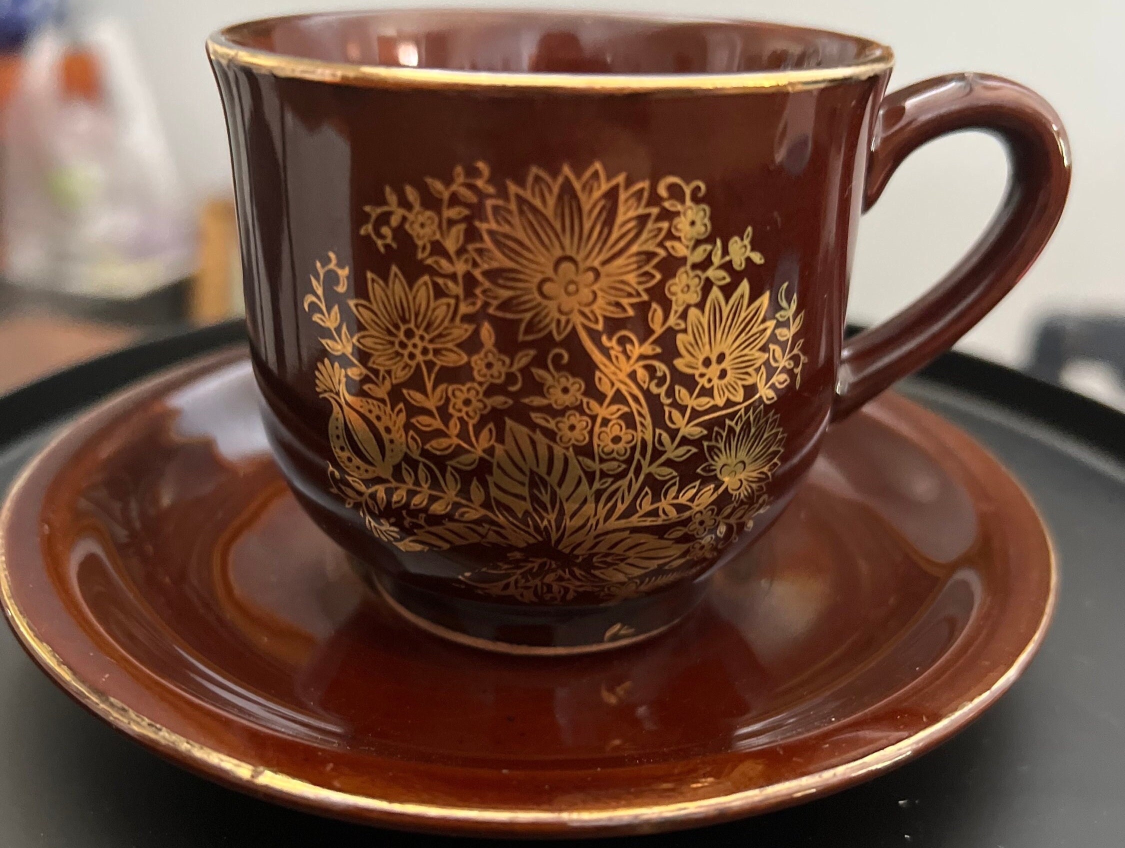 Coffee Cups With Saucers. Mide Century Japanese Art, Red Ceramic, Hand ...