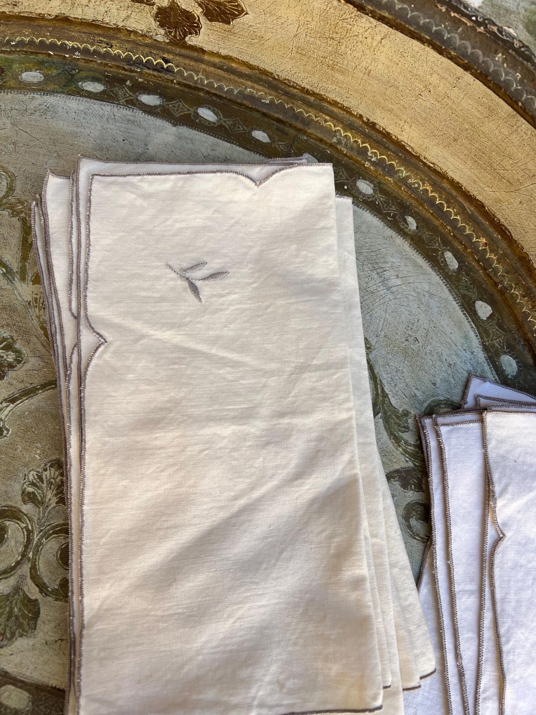 Vintage Table Clothes Napkins. Beige and Gray, Leaf Embroidered. 100 % ...