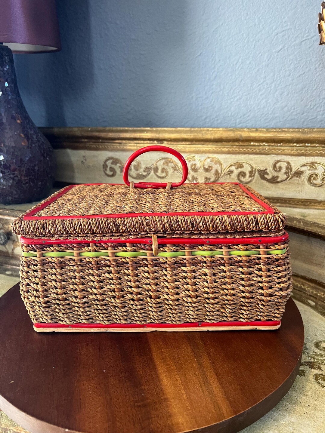 Beautiful Vintage Sewing Kit Wood, Fabric and Rattan Basket With Handle ...