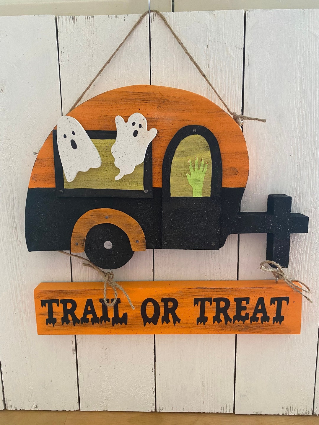 Halloween Camper With Ghosts Door Hanger Sign, Handmade Wooden Fall ...