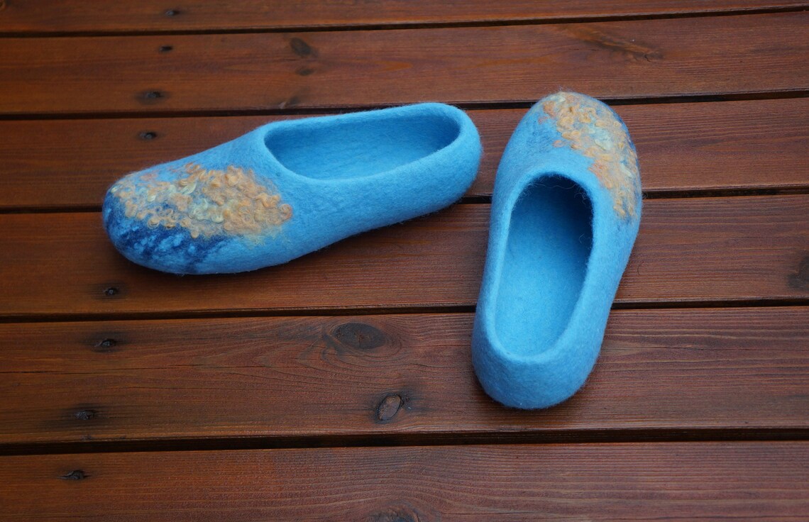 Felted Clogs Blue Felt Shoes Women Clogs Organic Slippers | Etsy