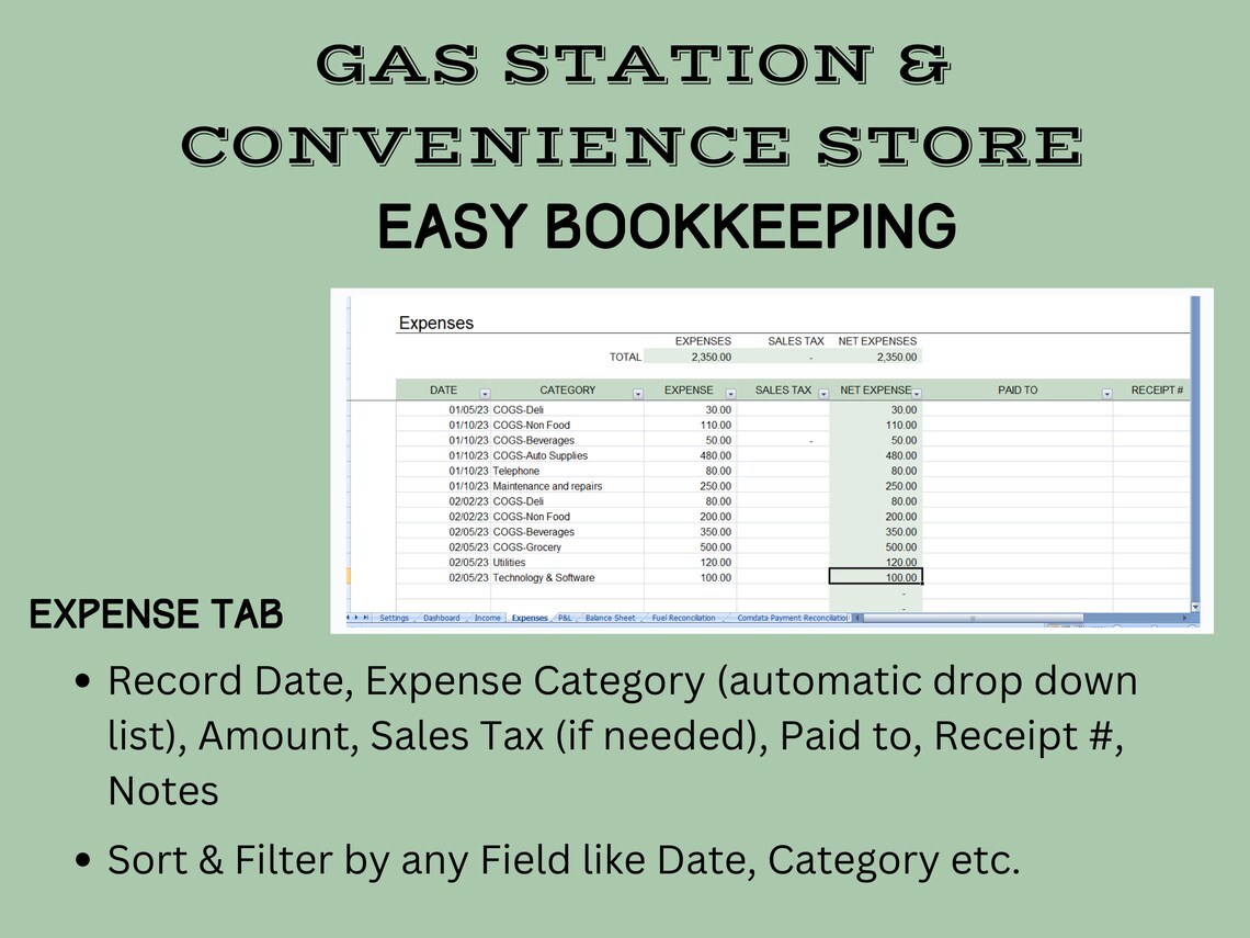 Gas Station Bookkeeping Spreadsheet: Income, Expense, Fuel, Card ...