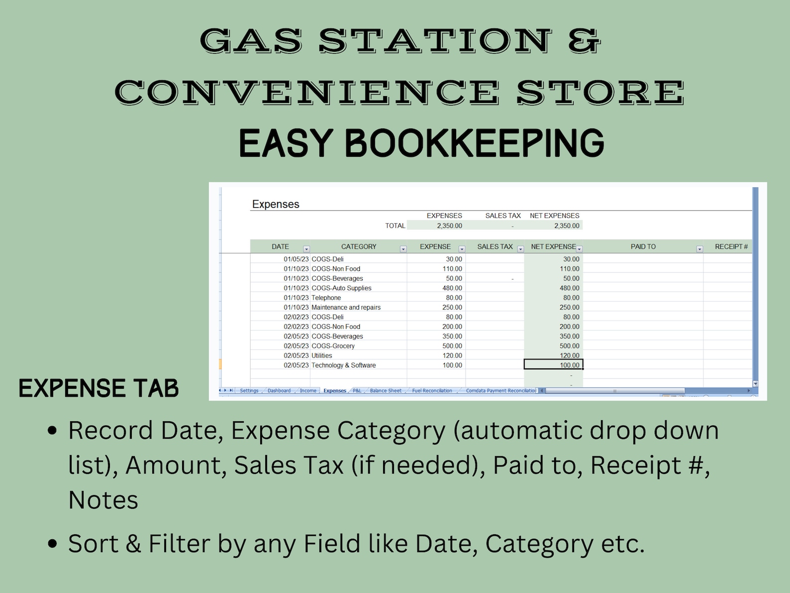 Gas Station Bookkeeping Spreadsheet: Income, Expense, Fuel, Card ...