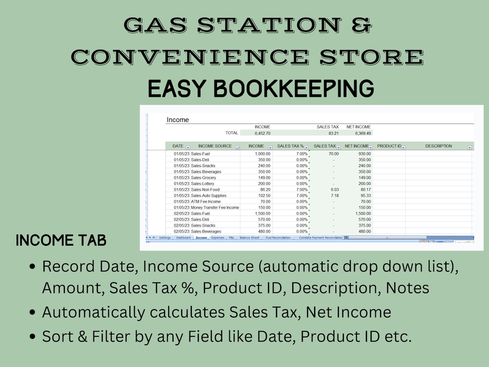 Gas Station Bookkeeping Spreadsheet: Income, Expense, Fuel, Card ...