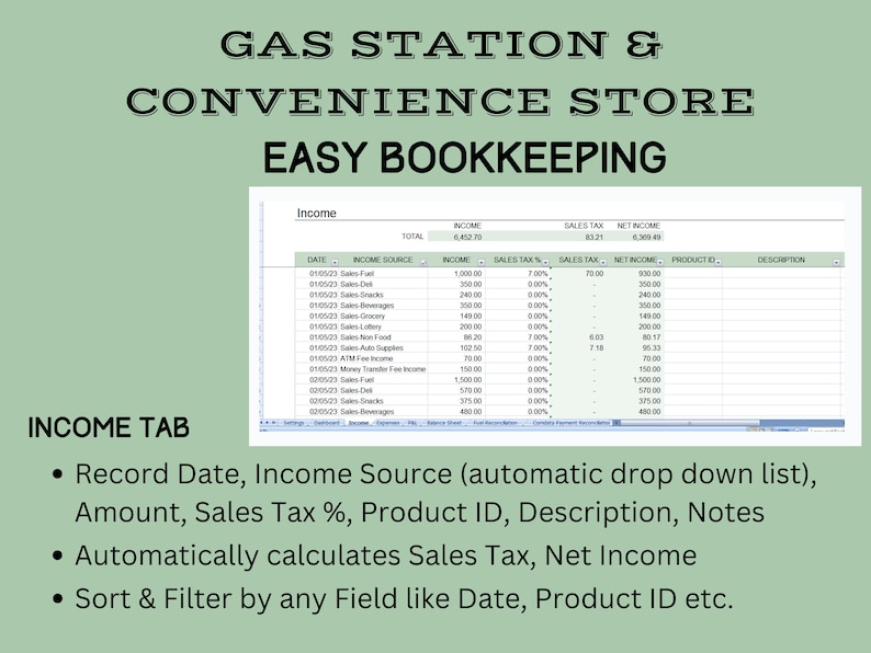 Gas Station Bookkeeping Spreadsheet: Income, Expense, Fuel, Card ...
