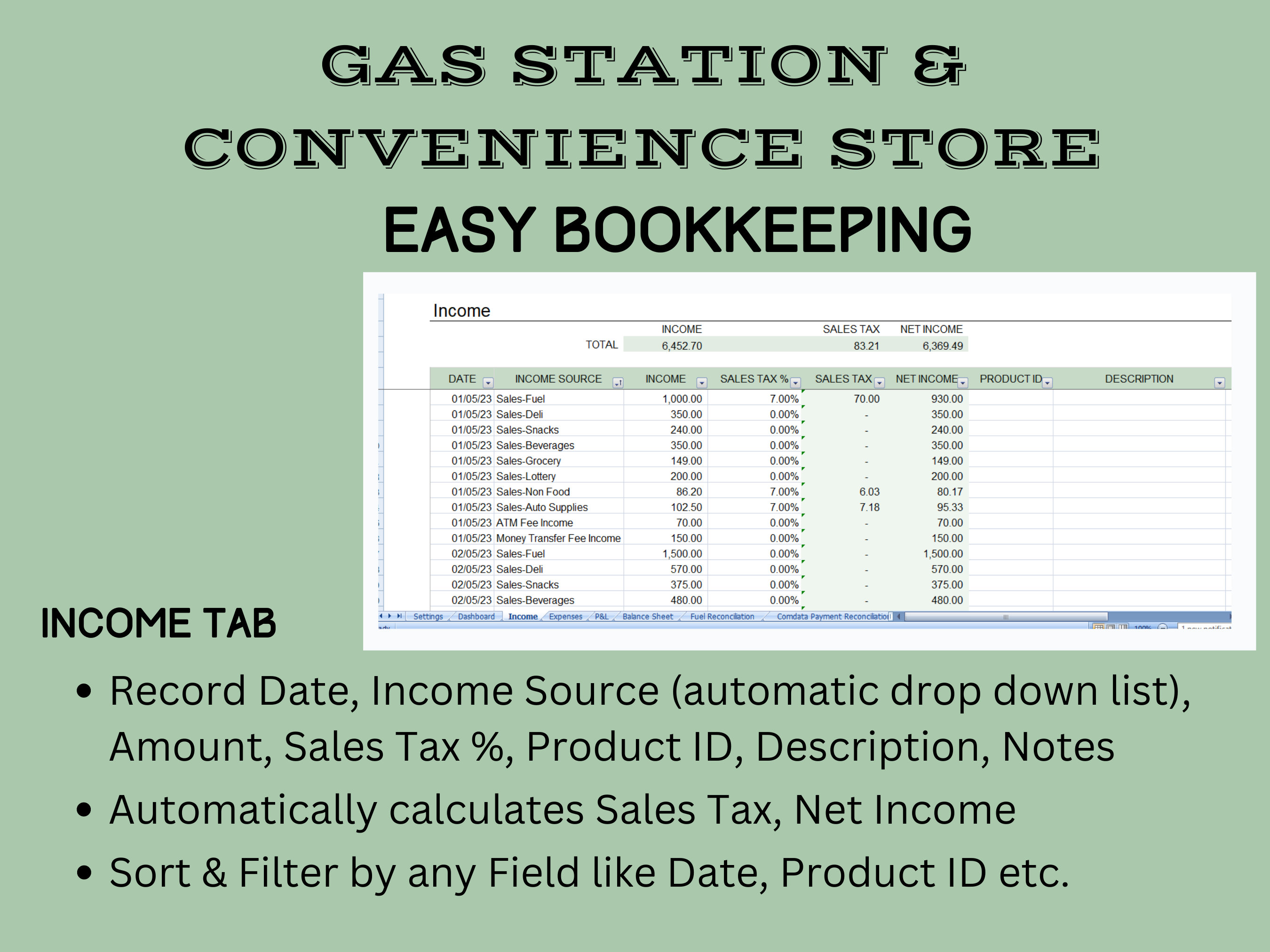 Gas Station Bookkeeping Spreadsheet: Income, Expense, Fuel, Card ...