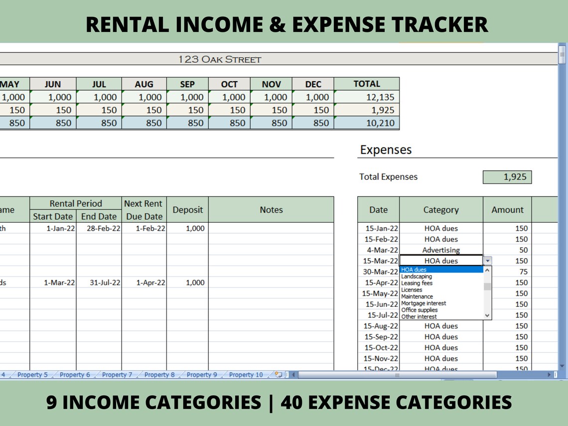 Rental Income & Expense Tracker | Landlords Rental Property Spreadsheet ...