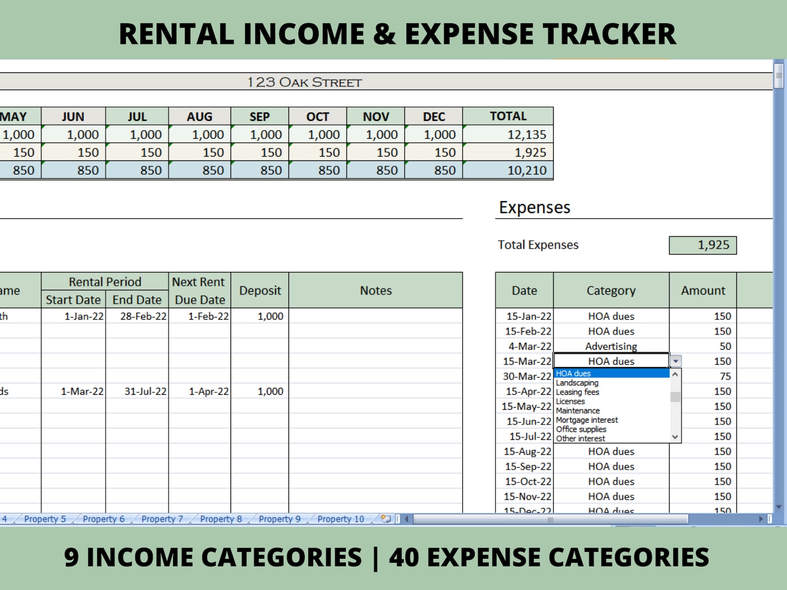 Rental Income & Expense Tracker | Landlords Rental Property Spreadsheet ...