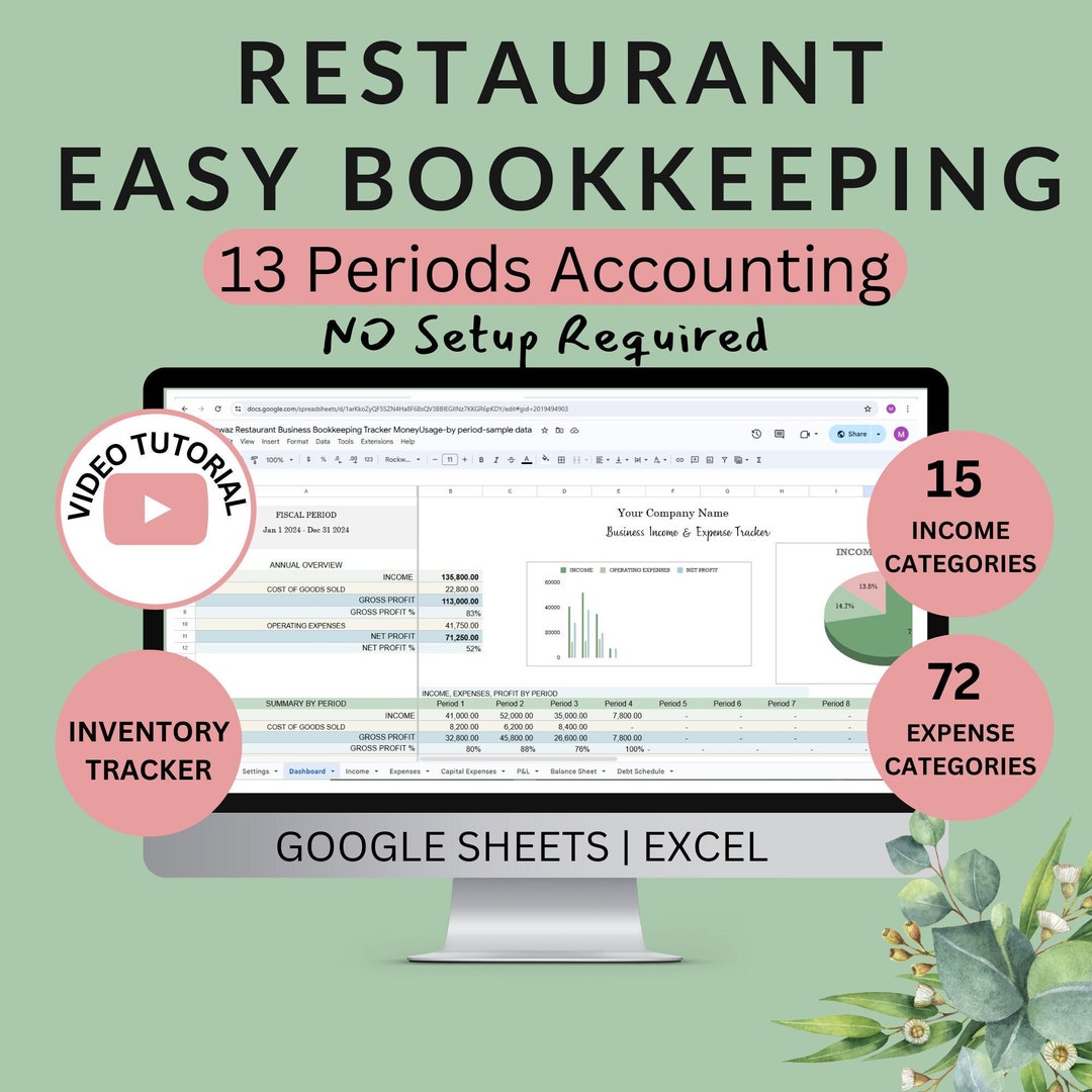 Restaurant Easy Bookkeeping 13 Periods Accounting | Income Expenses and ...