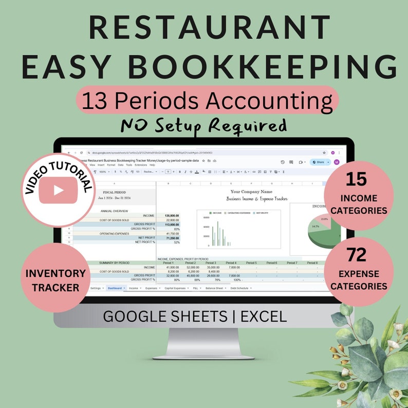 Restaurant Easy Bookkeeping 13 Periods Accounting | Income Expenses and Inventory Tracker ...
