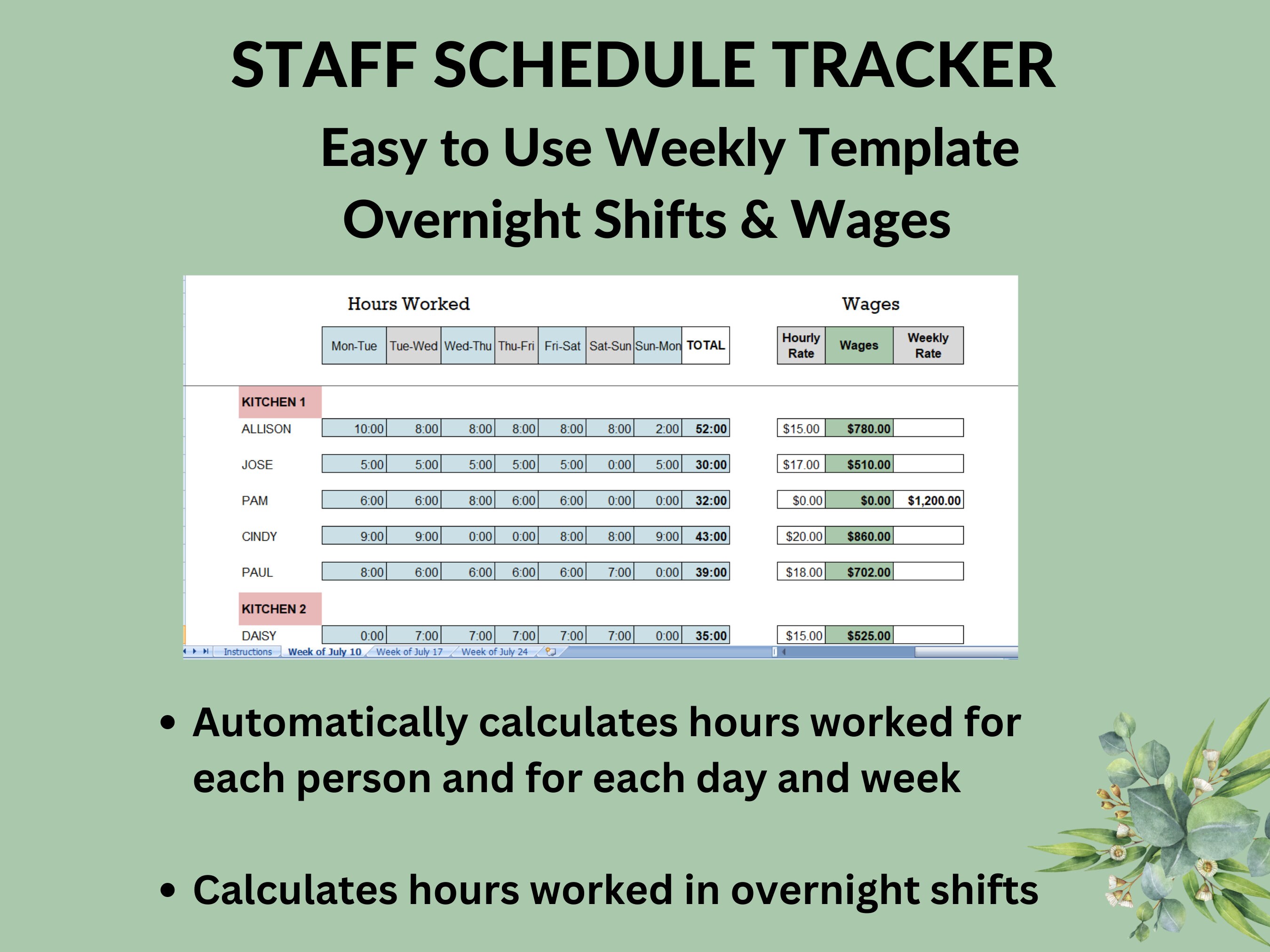 Weekly Employee Schedule Tracker | Overnight Shift | Wages | Printable ...