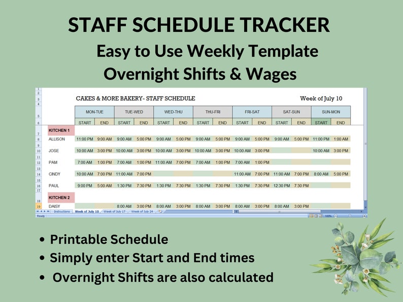 Weekly Employee Schedule Tracker | Overnight Shift | Wages | Printable ...