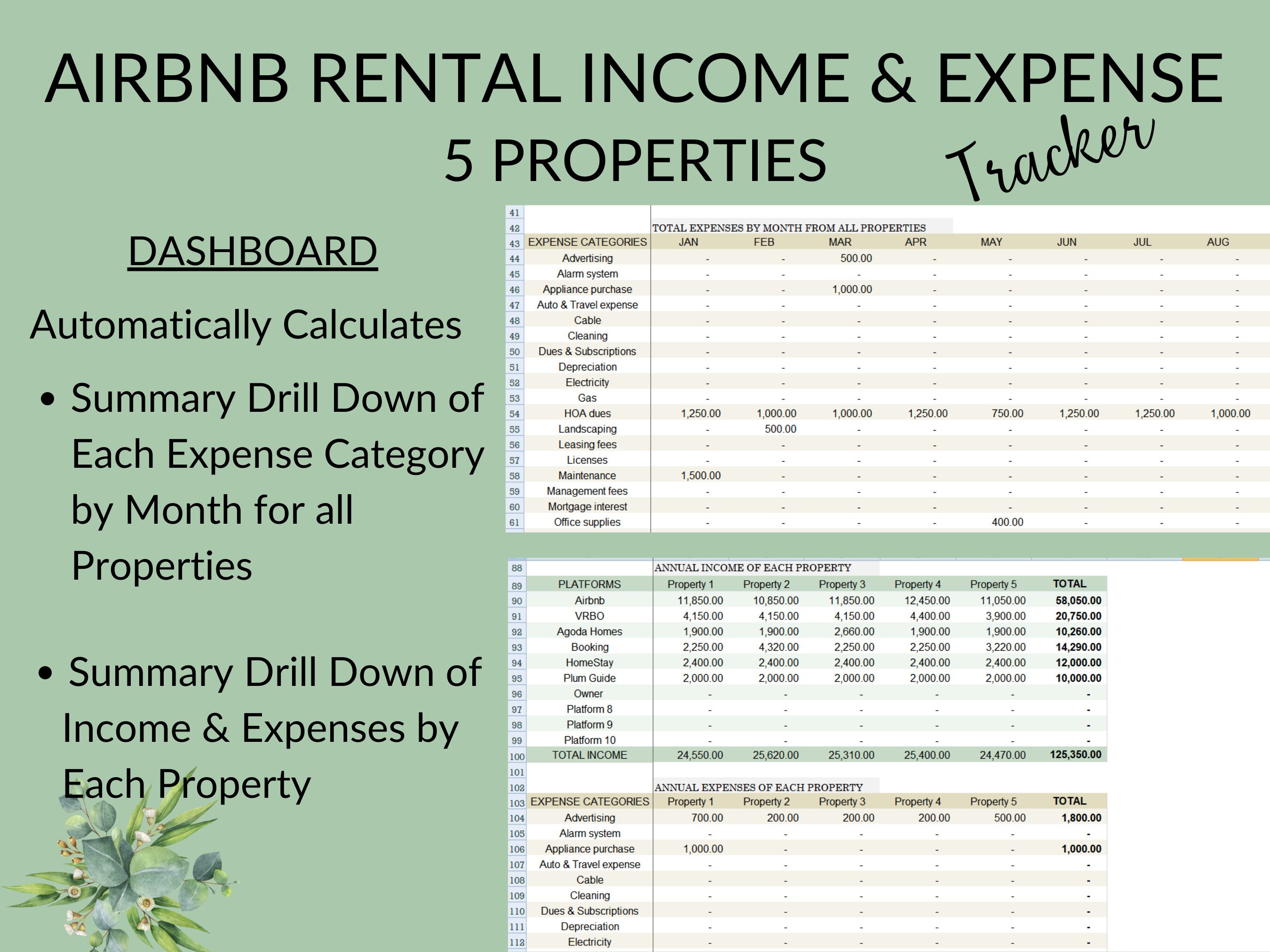 Airbnb Rental Income Expense Tracker 5 PROPERTIES | Room Rental ...
