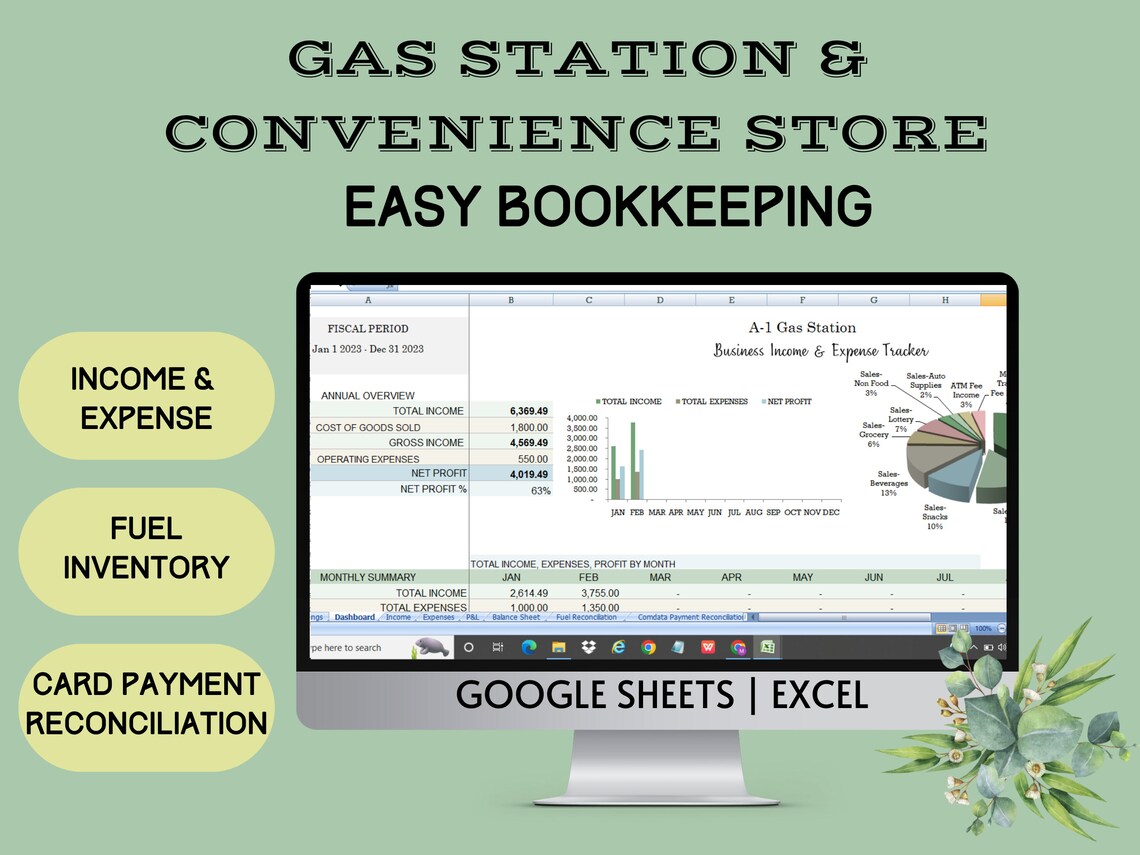 Gas Station Bookkeeping Spreadsheet: Income, Expense, Fuel, Card ...