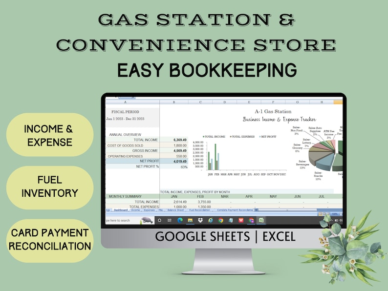 Gas Station Bookkeeping Spreadsheet: Income, Expense, Fuel, Card ...