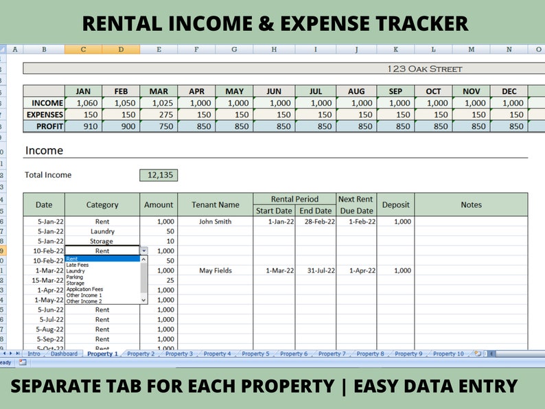 Rental Income & Expense Tracker | Landlords Rental Property Spreadsheet ...