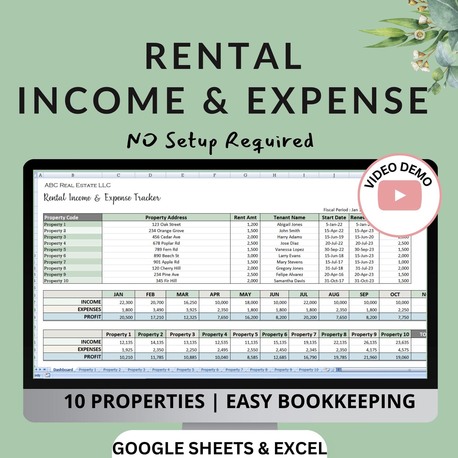 Rental Income & Expense Tracker | Landlords Rental Property Spreadsheet ...