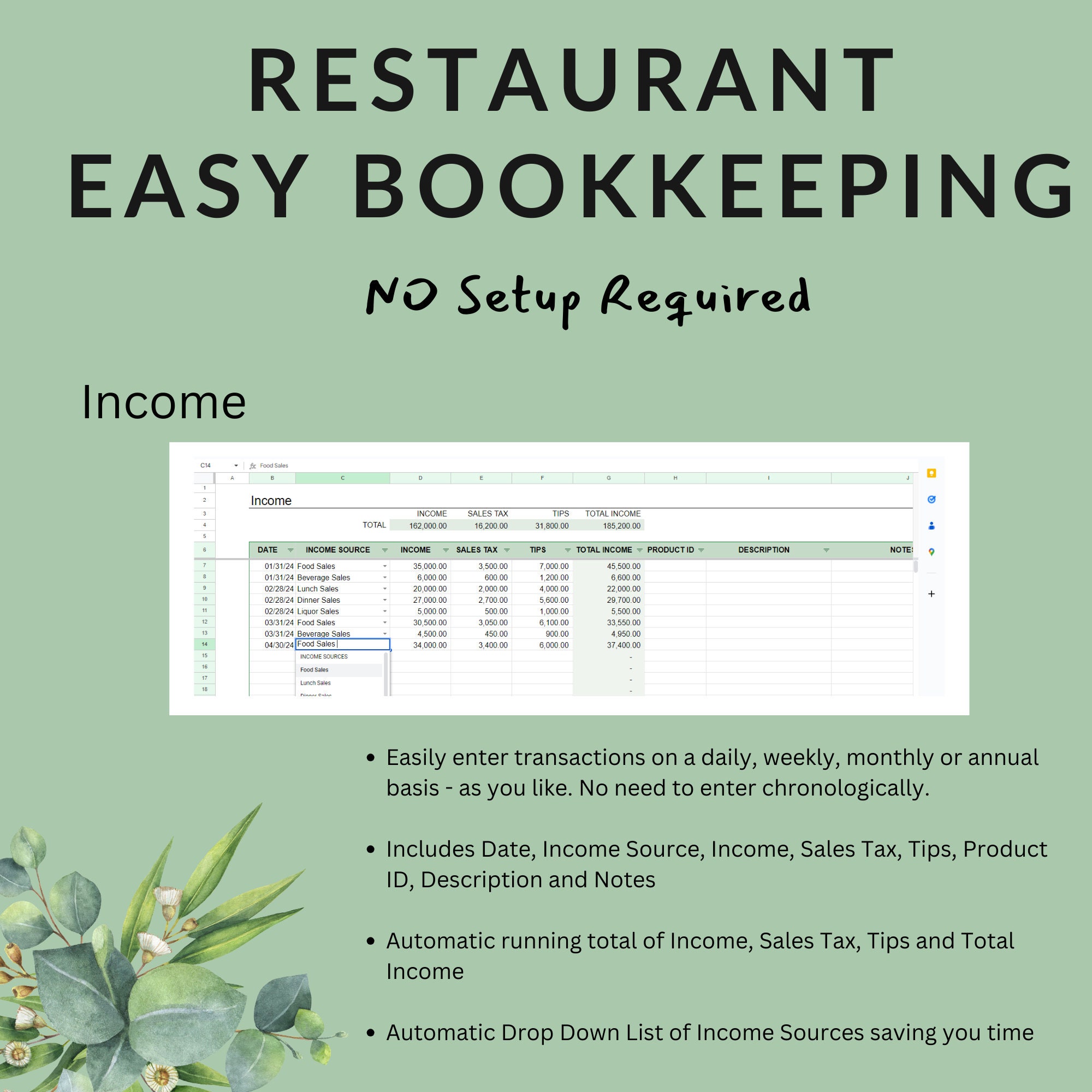 Restaurant Bookkeeping Template: Income, Expenses, Inventory (excel ...