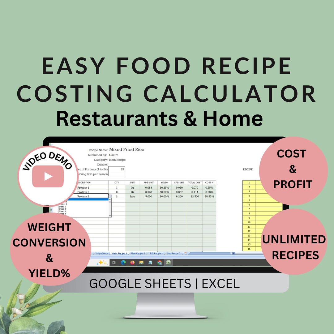 Recipe Costing Spreadsheet, Weight Conversion, Profit Calculator (excel ...