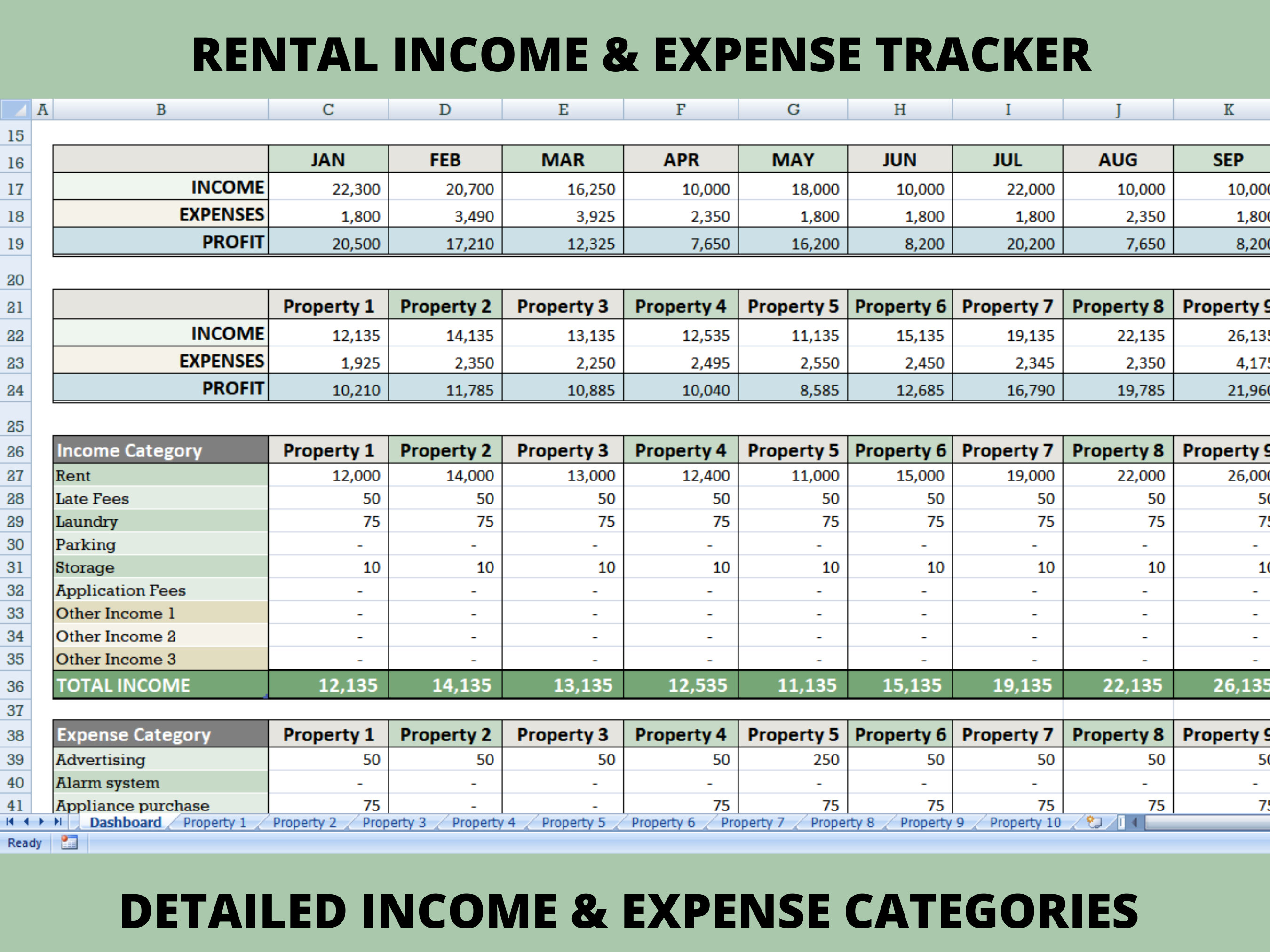 Rental Income & Expense Tracker | Landlords Rental Property Spreadsheet ...