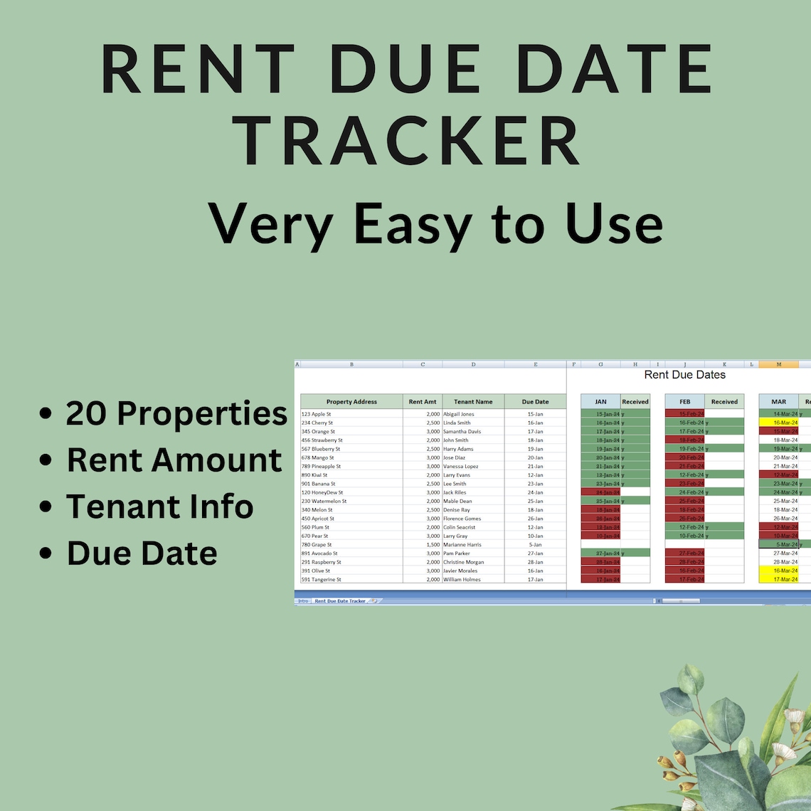 Rent Due Date Tracker: Landlord Tenant Payment Spreadsheet (google ...