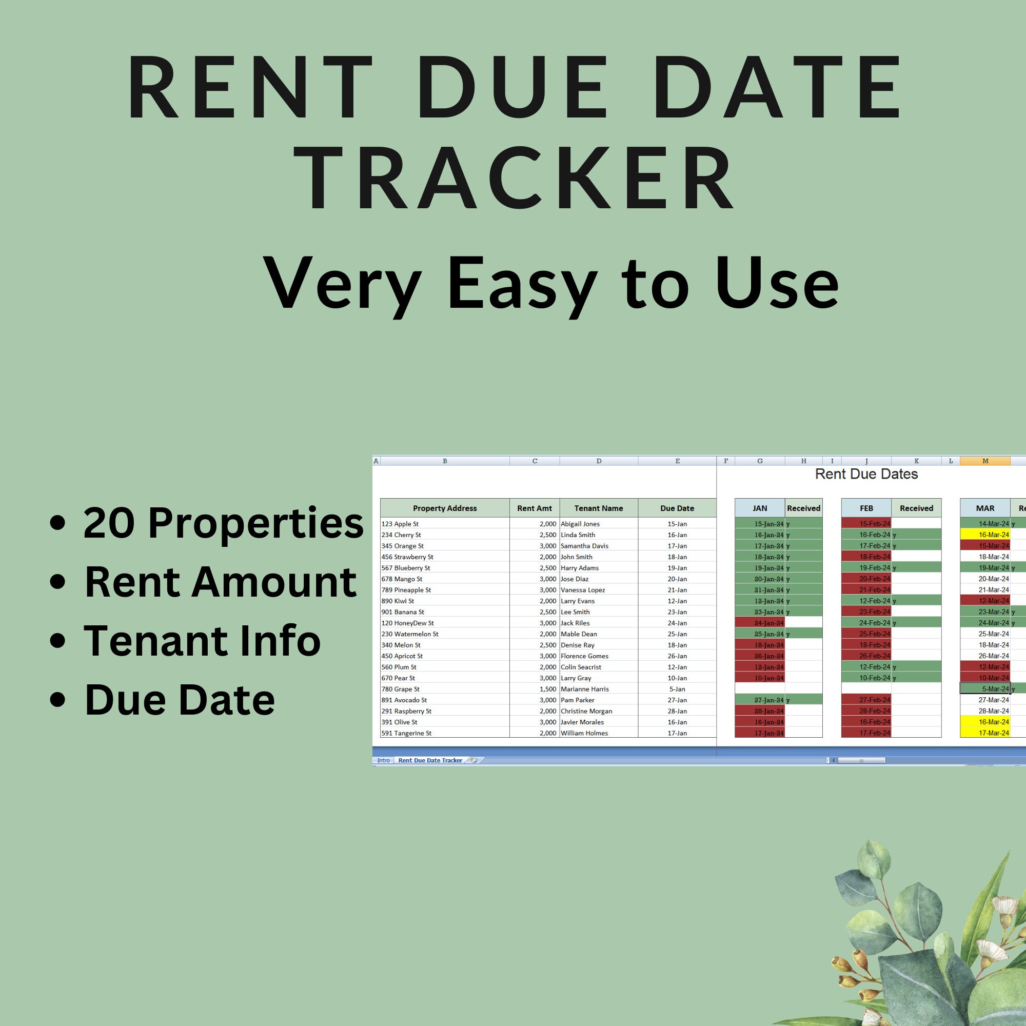 Rent Due Date Tracker: Landlord Tenant Payment Spreadsheet (google ...