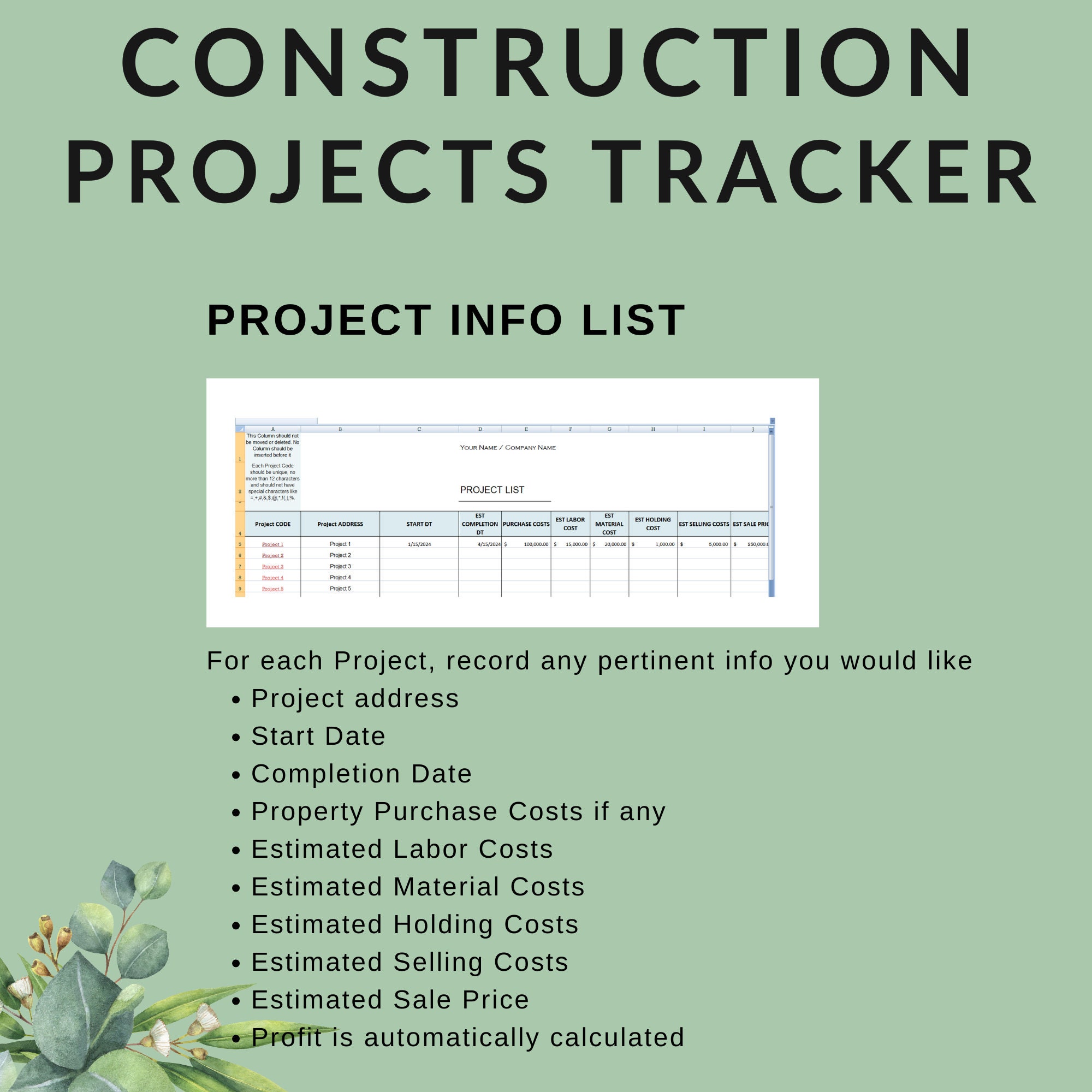 Construction Project Tracker: Income, Expense, Vendor Balance (excel ...