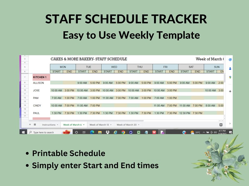 Weekly Employee Schedule Tracker: Printable Staff Planner (google ...