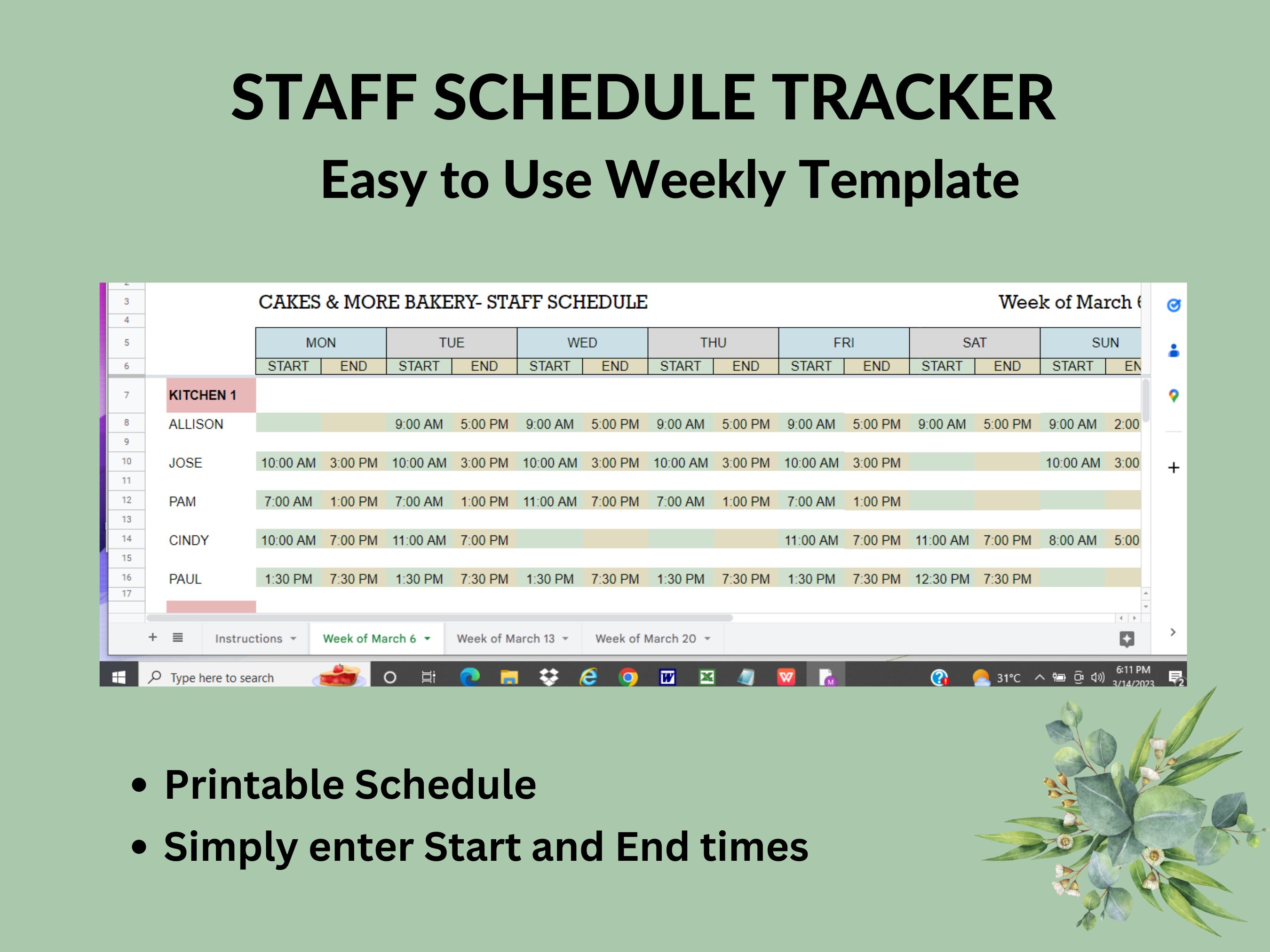 Weekly Employee Schedule Tracker: Printable Staff Planner (google ...
